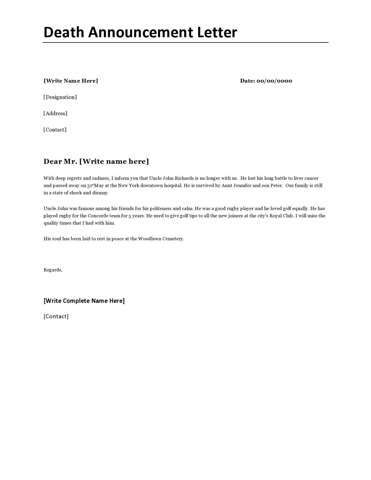 Death Announcement Email Wording