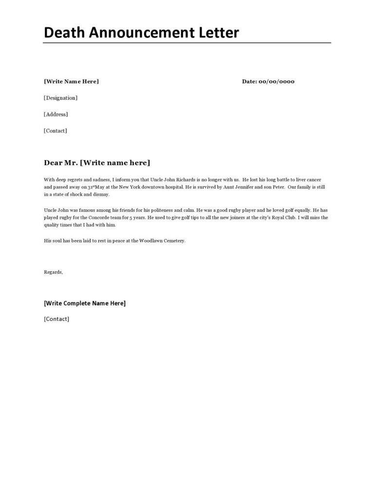 Death Announcement Email Wording