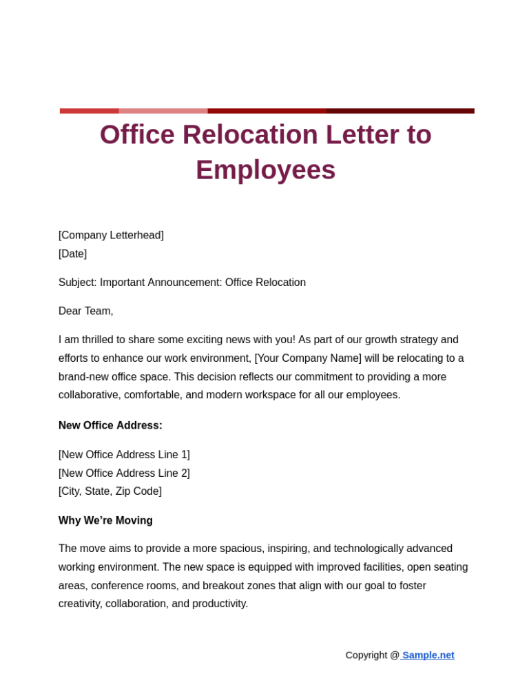 Office Moving Announcement Wording to Employees Template
