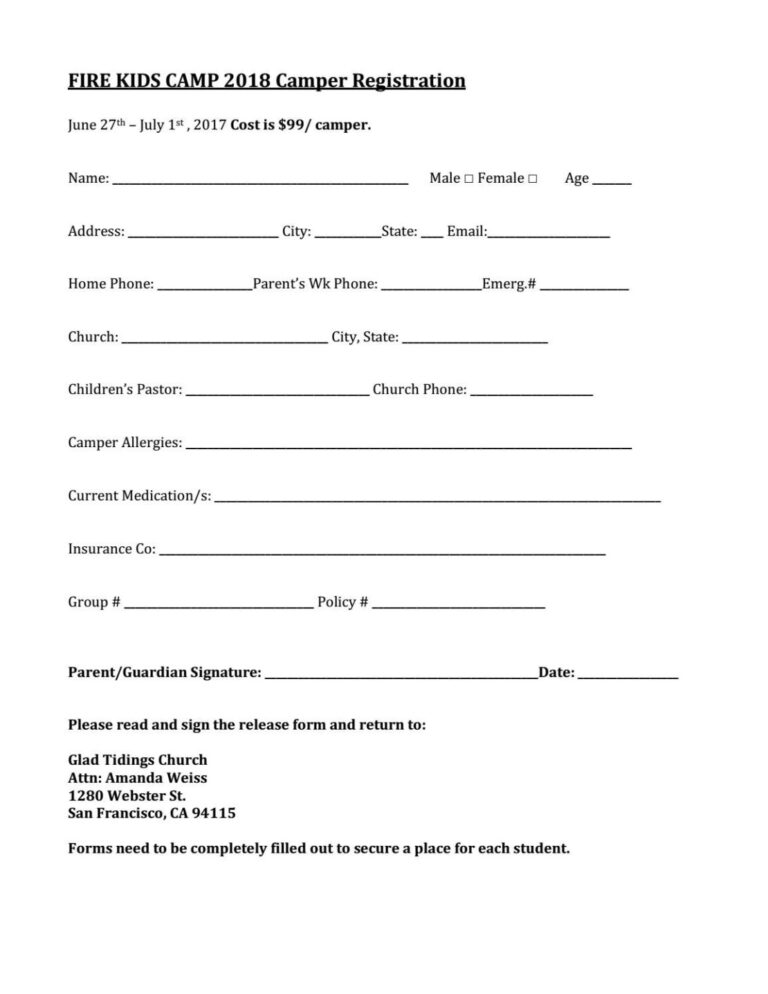 Summer Camp Permission Slip Template