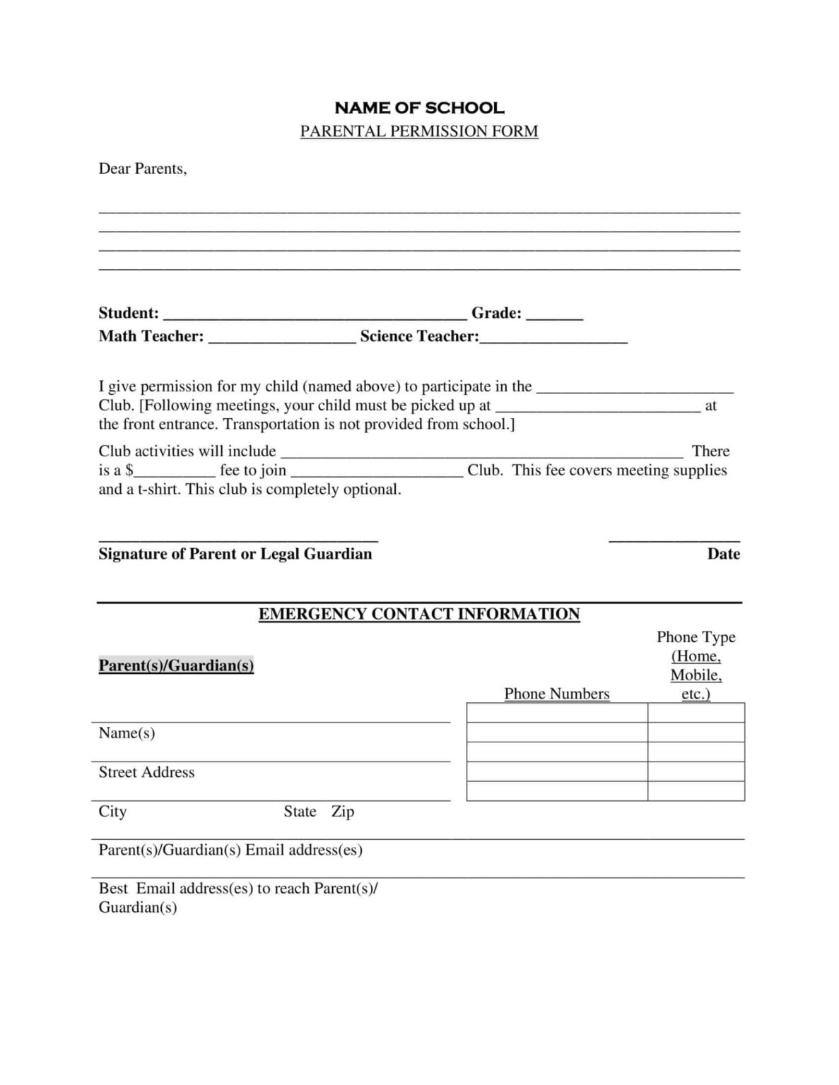 Elementary School Club Permission Slip Template