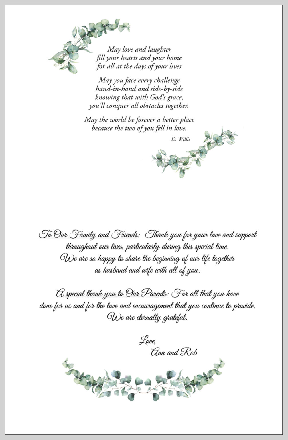 Wedding Program Thank You Wording For Parents
